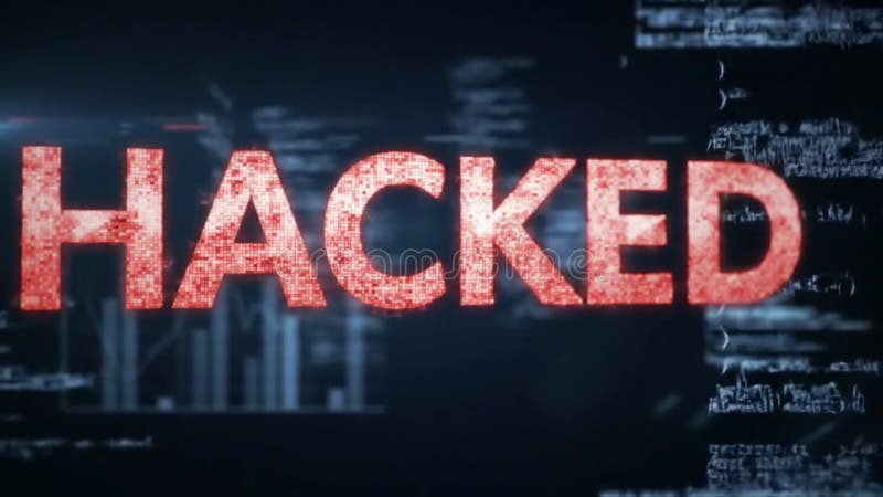 Animated Red HACKED Text Displayed Over Blurred Digital Code and Data ...