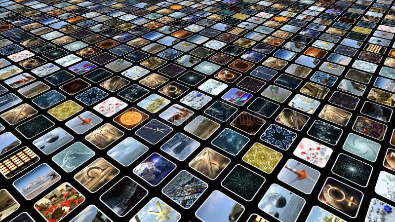 Animated Video Wall with Many Small Icons on Monitors, Diagonally. Loop ...