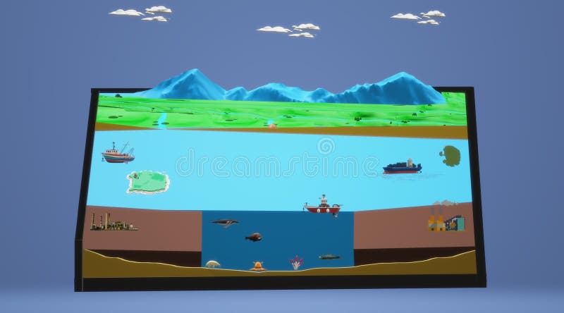 Animated View of Rivers Connecting the Sea from Land Near the Mountains ...