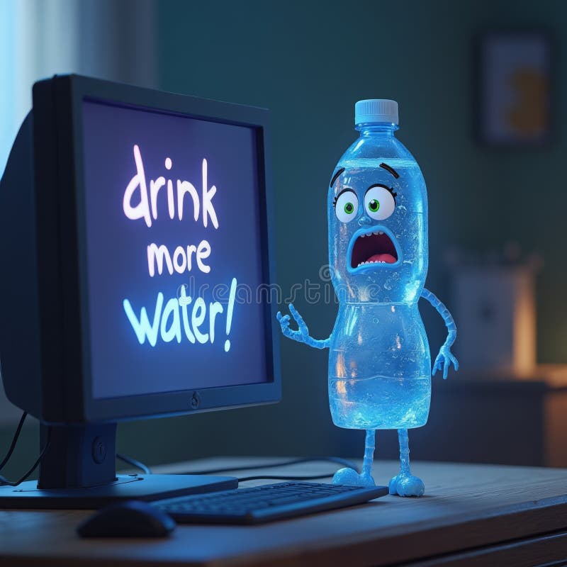 Animated Water Bottle beside a Computer Screen Displaying a Hydration ...