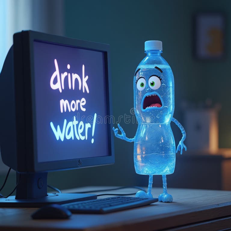 Animated Water Bottle beside a Computer Screen Displaying a Hydration ...
