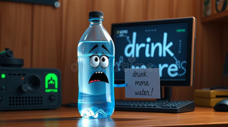 Animated Water Bottle with Expressive Face and Sign Urging Hydration on ...