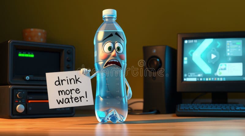 Animated Water Bottle with a Sign Promoting Hydration in a Tech-focused ...