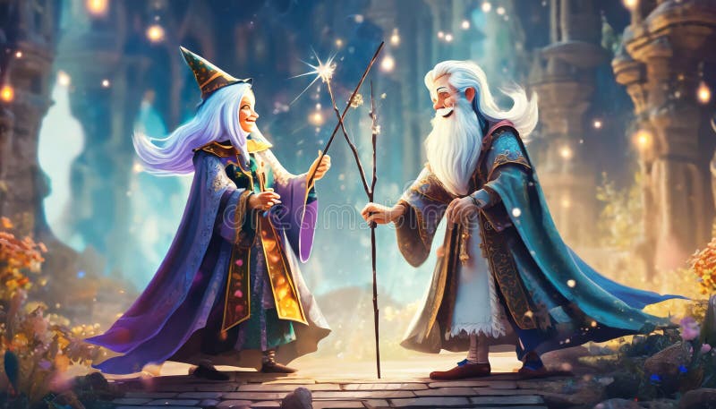 Animated witch with wands stock illustration. Illustration of blue ...