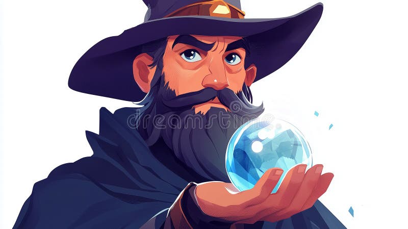 Cartoon Wizard with a Beard and Hat Holding a Crystal Ball in His Hand ...