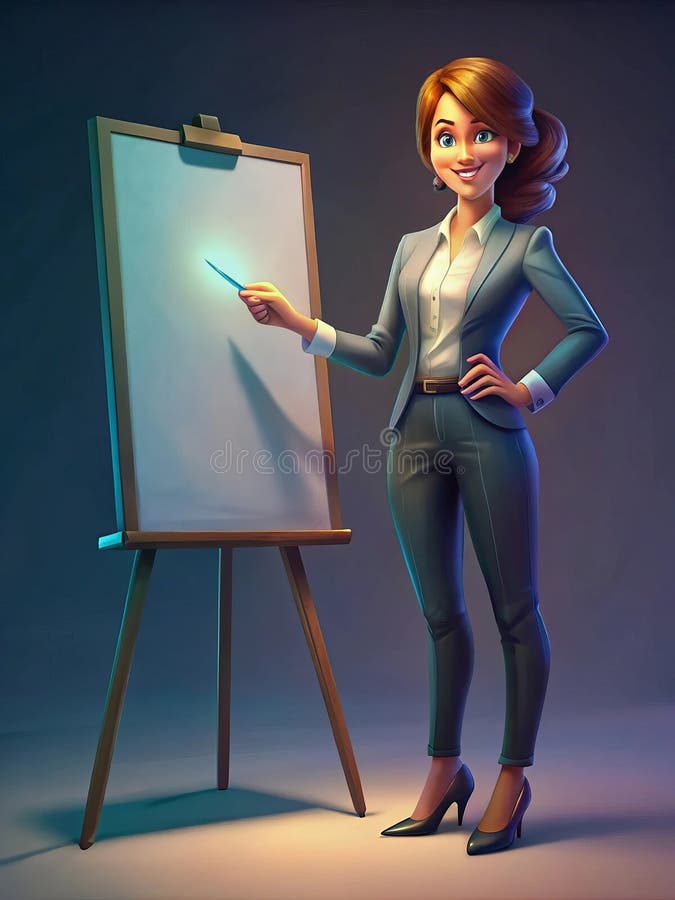 Animated Woman Presenter with Blank Flipchart in Office Attire Stock ...