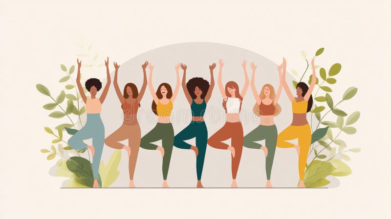 Animated Women Doing Yoga Poses in Lush Nature Setting Stock ...