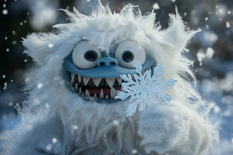 Animated Yeti Holding Sparkling Snowflake in a Snowy Landscape Stock ...