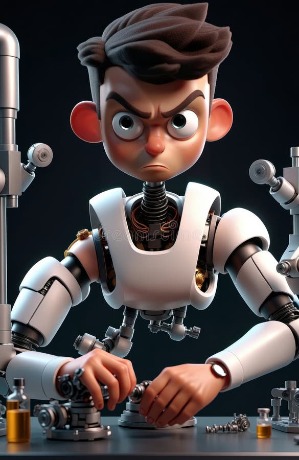 Animated Young Inventor Robot Assembling Futuristic Machinery in ...