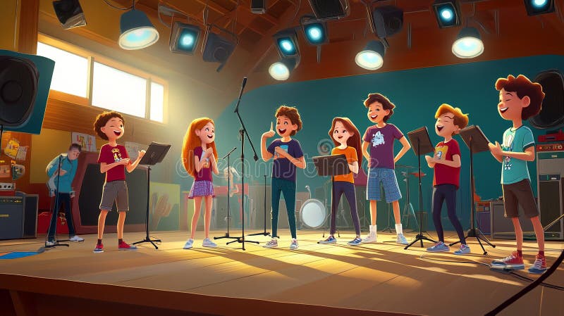 Animated Young Singers Practicing in a Lively Studio Stock Illustration ...
