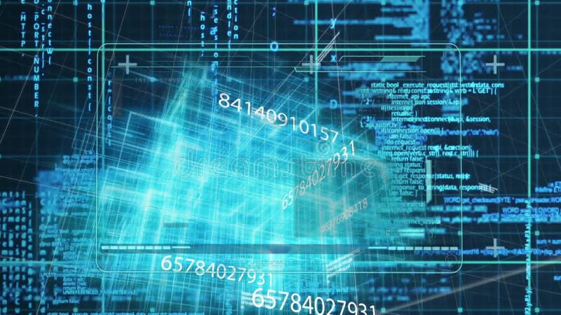 Animating 3D-render Wireframe Cube, Streaming Code, Floating Numbers, Glowing Progress Bar Stock ...
