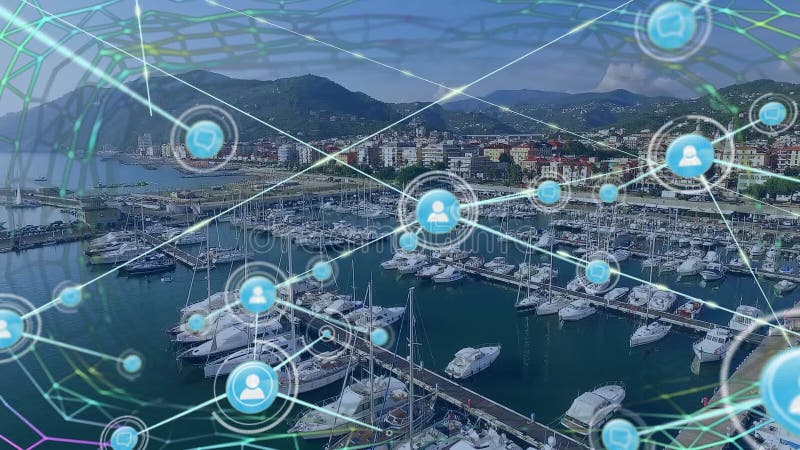 Animation of Abstract Pattern and Connected Icons Over Aerial View of ...