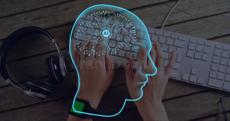 Animation of Ai Brain and Data Processing Over Caucasian Man Typing on ...