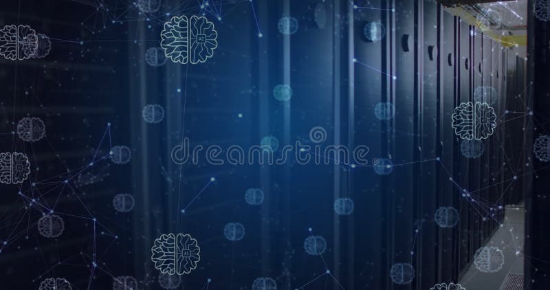 Animation of Ai Brains and Networks Processing Data Over Computer Server Room Stock Footage ...