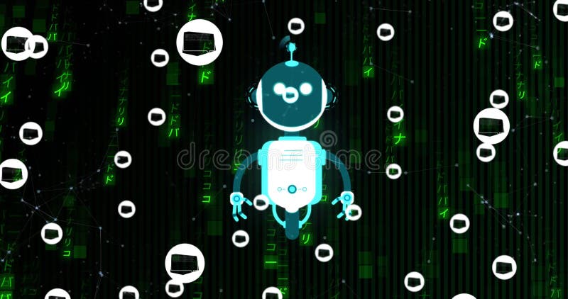 Animation of Ai Chat Bot and Icons Over Binary Coding on Black Background Stock Video - Video of ...