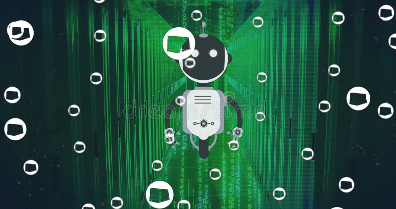 Animation of Ai Chat Bot and Icons Over Computer Server Background ...