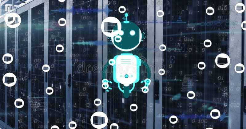 Animation of Ai Chat Bot and Icons Over Computer Server Background ...