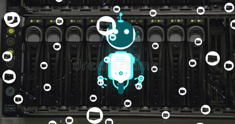 Animation of Ai Chat Bot and Icons Over Computer Server Background ...