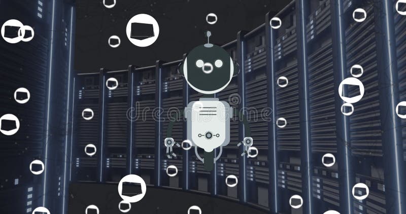 Animation of Ai Chat Bot and Icons Over Computer Server Background ...