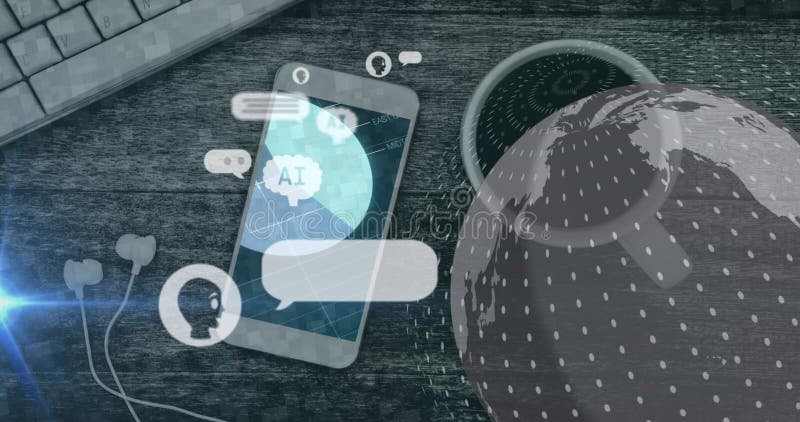 Animation of Ai Chat, Data Processing and Globe Over Smartphone Stock ...