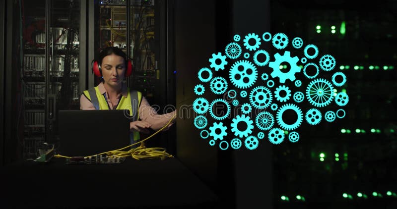 Animation of Ai Cog Brain Over Caucasian Female Technician in Server ...