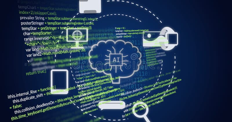 Animation of Ai Data Processing and Icons Over Dark Background Stock ...