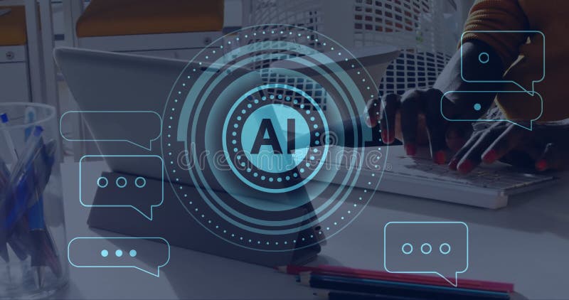 Animation of Ai Data Processing Over African American Woman Typing on ...