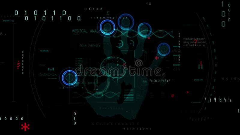 Animation of Ai Data Processing Over Biometric Handprint and Dark Background Stock Footage ...