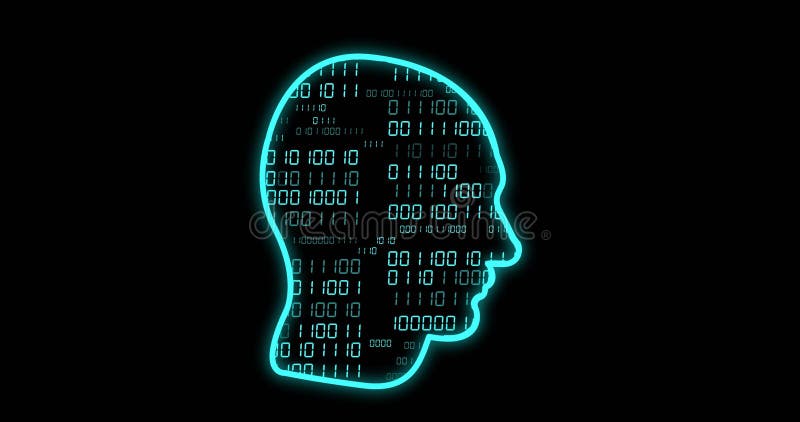 Animation Of Ai Head With Binary Coding And Data Processing Stock