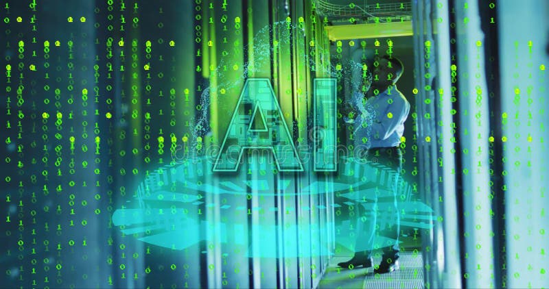 Animation Of Ai Text Binary Coding Data Processing Over Asian Businessm By Computer Servers