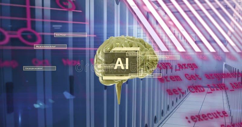 Animation Of Ai Text Brain And Data Processing Over Computer Servers