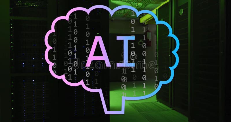 Animation of Ai Text and Brain Icon Over Binary Data Processing and Server Room Stock Video ...