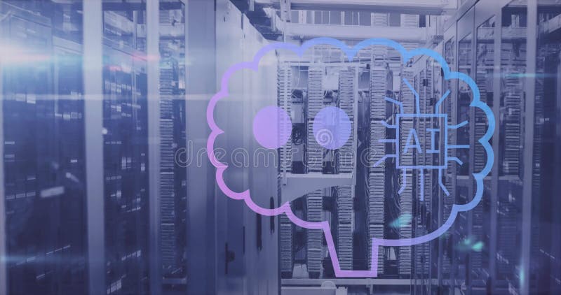 Animation of Ai Text in Brain and Speech Bubble Over Server Systems in ...