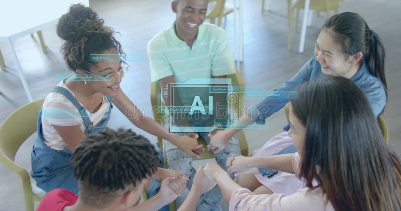 Animation of Ai Text and Data Processing Over Diverse Students Holding ...