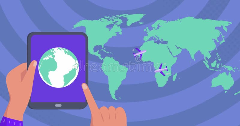 Animation of Airplanes Flying Over Map and Hands Rotating Globe on ...