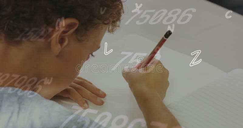 Animation of Alphabets and Changing Numbers Floating Over Caucasian Boy ...