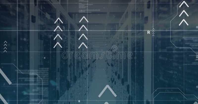 Animation of Arrow, Computer Language, Letters Over Data Server Room ...