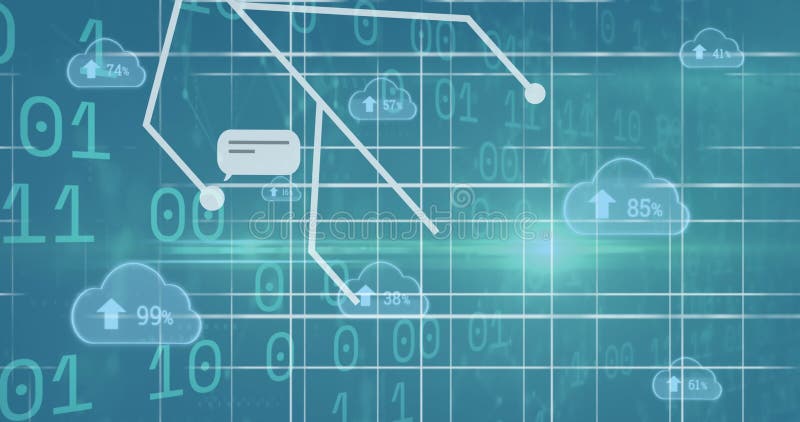 Animation of Arrow, Countdown from 0 To 100 in Clouds Against Binary Codes on Abstract ...