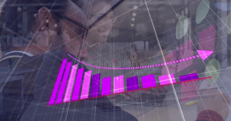 Animation of Arrow on Falling Graph Over Caucasian Coworkers Discussing ...