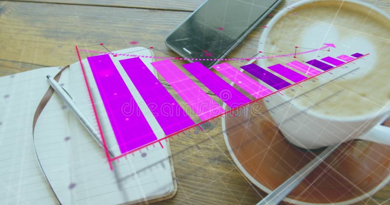 Animation of Arrow on Falling Graph Over Coffee Cup, Notepad, Pen and ...