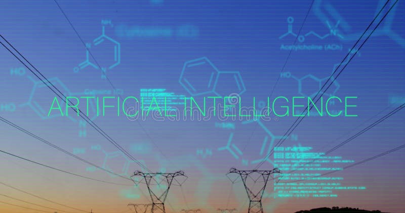 Animation of Artificial Intelligence Text Over Pylons and Data ...