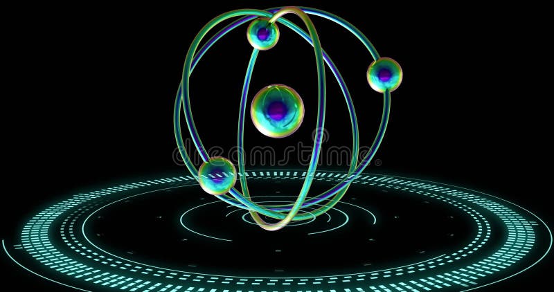 Animation Of Atom Model Spinning And Data Processing On Black