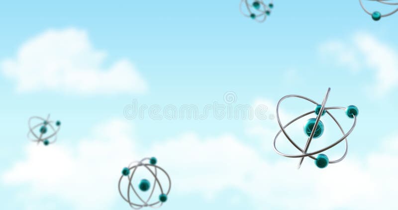 Animation of Atom Models Spinning on Clouds on Blue Background Stock ...