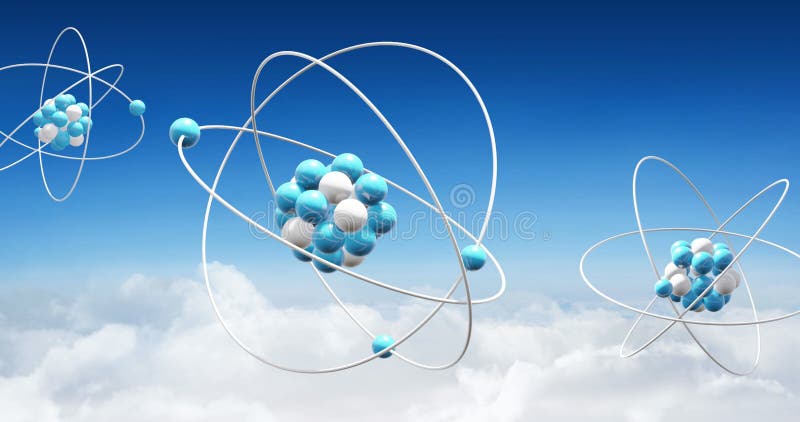 Animation of Atom Models Spinning Over Clouds on Blue Background Stock ...