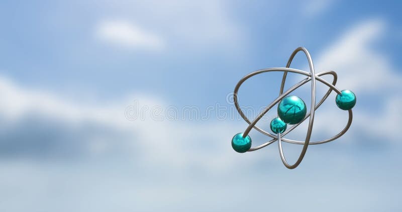 Animation of Atom Models Spinning Over Clouds Onn Blue Background Stock ...