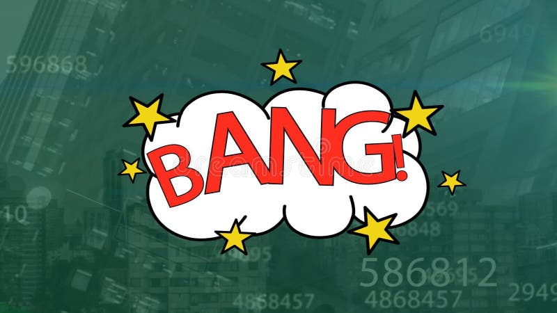 Animation of Bang Text and Data Processing Over Cityscape Stock Video ...