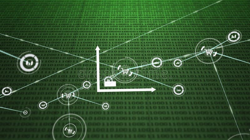 Animation of Bar Graph, Network of Digital Icons and Binary Coding Against Green Background ...