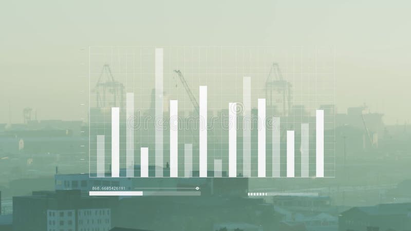 Animation of Bar Graphs Moving Over Buildings and Cranes Over Under Sky ...