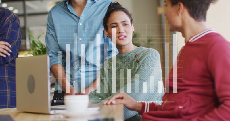 Animation of Bar, Loading Bars Over Diverse Coworkers Sharing Ideas on ...