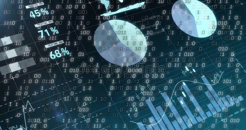 Animation Of Binary Code And Data Analytics Overlaying Charts And Graphs In School Stock Video